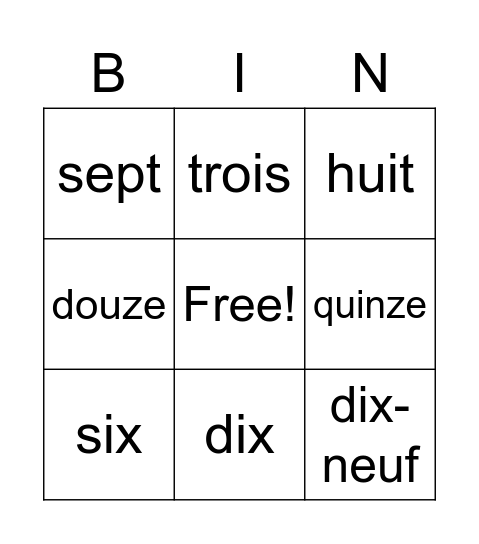 Les chiffres Bingo Card