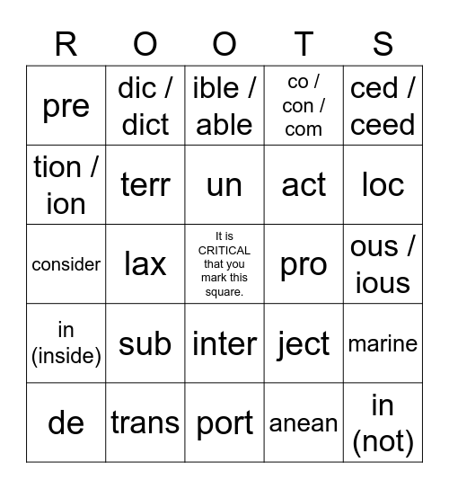 Root Words! Bingo Card