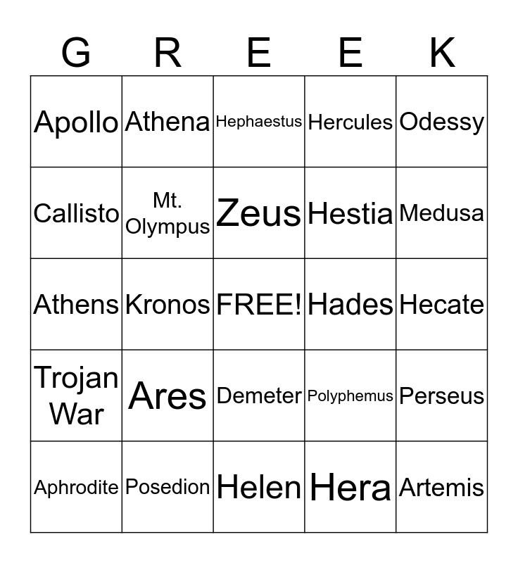 Greek Mythology Bingo Card