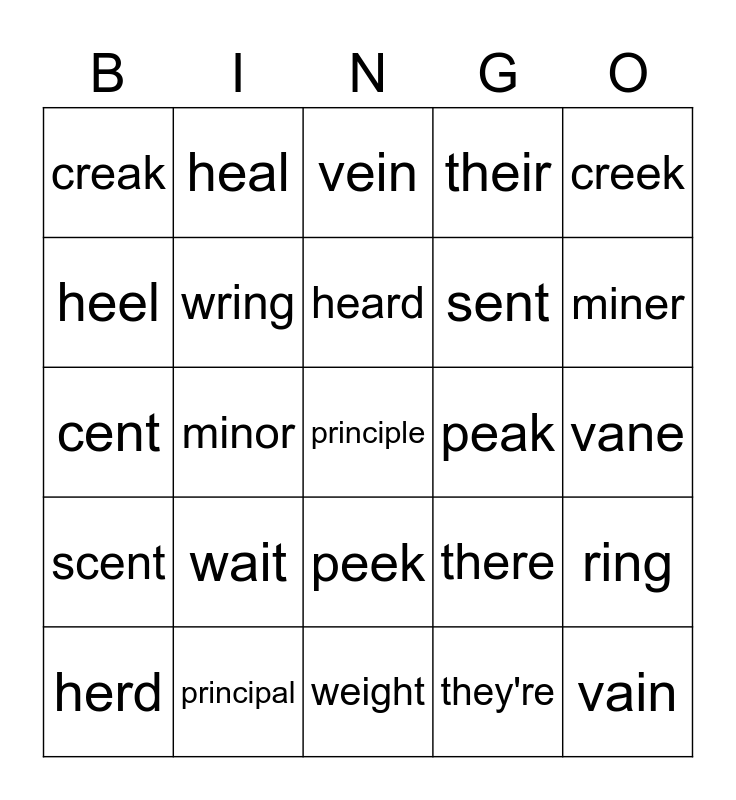 Homophones Bingo! Bingo Card