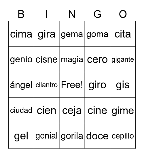 Silabas con ge, gi,ce,ci Bingo Card
