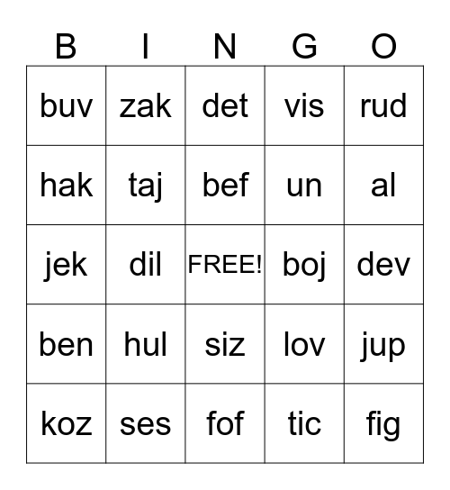 Nonsense Word Bingo Card