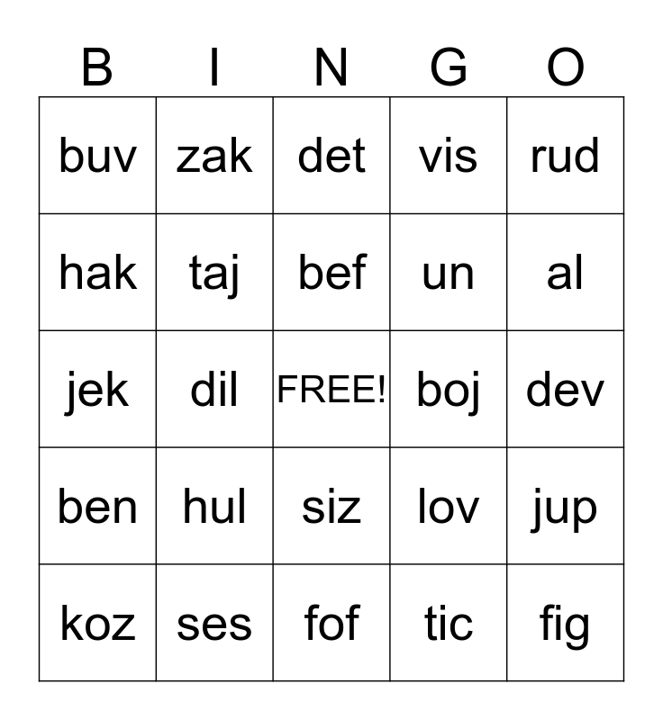 Nonsense Word Bingo Card