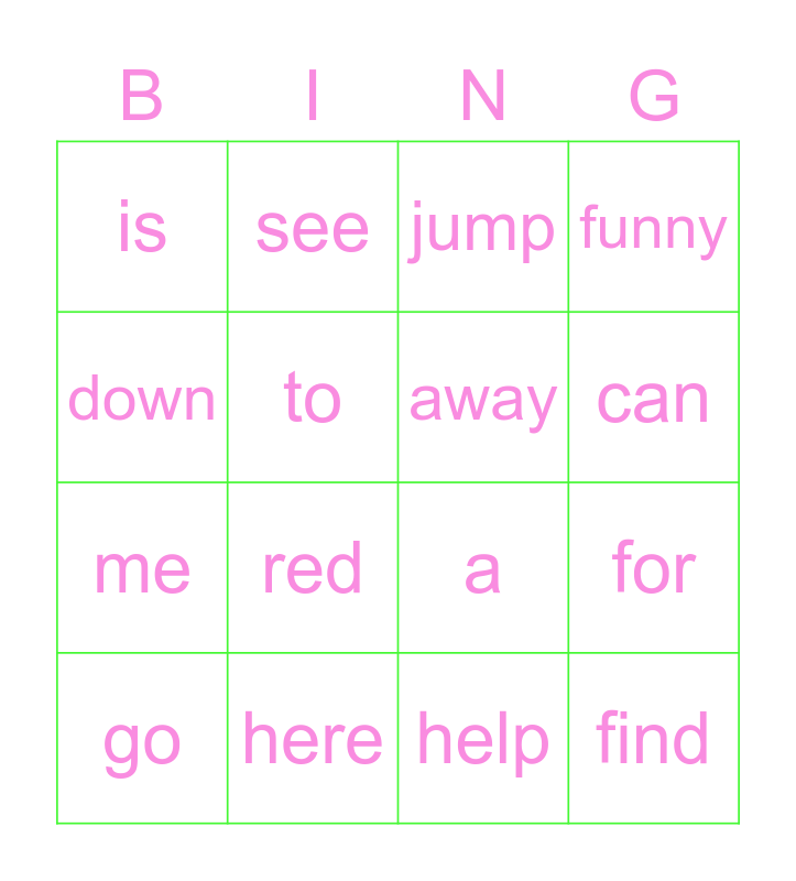 Site Word Bingo Card