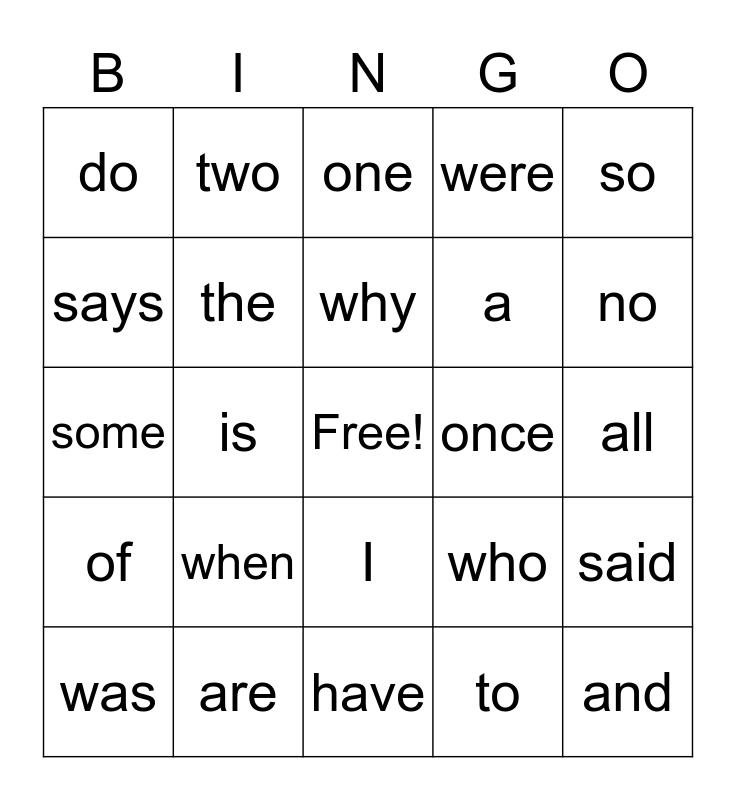 Tricky Words Bingo Card