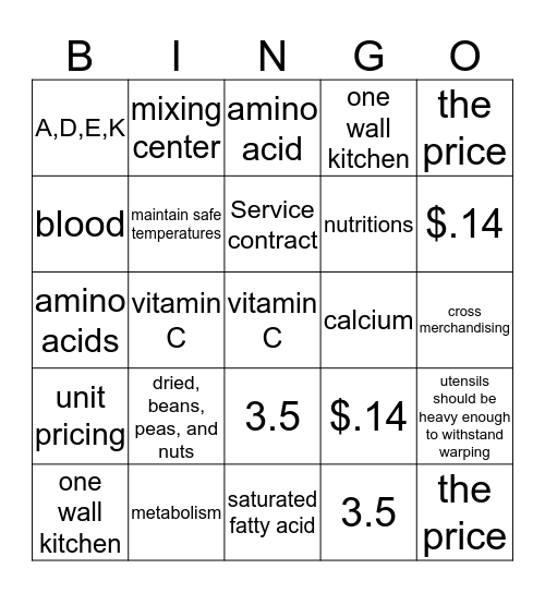 Foods and Nutrition Bingo Card