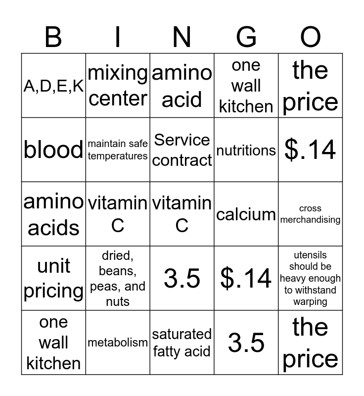Foods and Nutrition Bingo Card