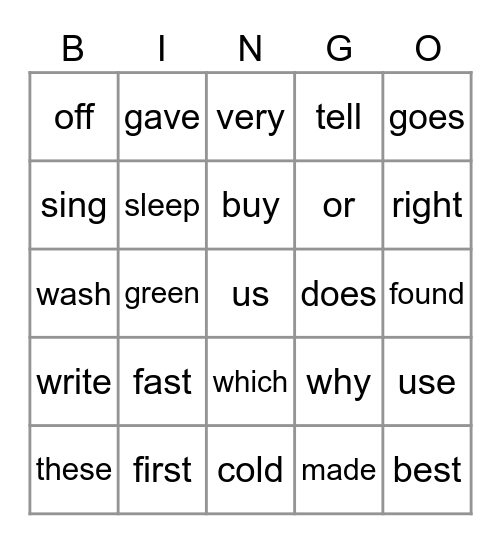 Dolch Second Grade Bingo Card