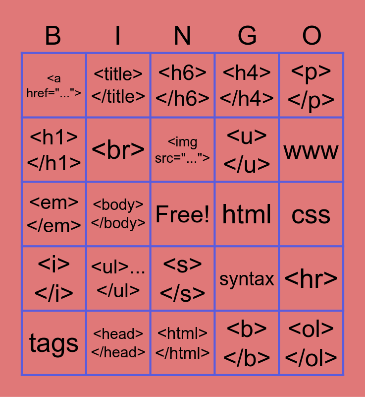 HTML TAGS Bingo Card