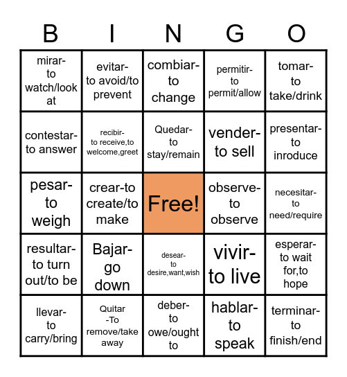 Present Tense-Regular Verbs Bingo Card
