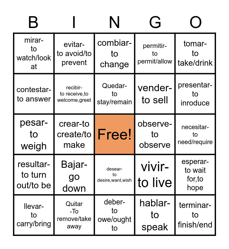 Present Tense-Regular Verbs Bingo Card