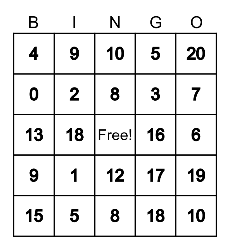 Addition To 20 Bingo Card
