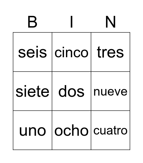spanish numbers 0-10 Bingo Card