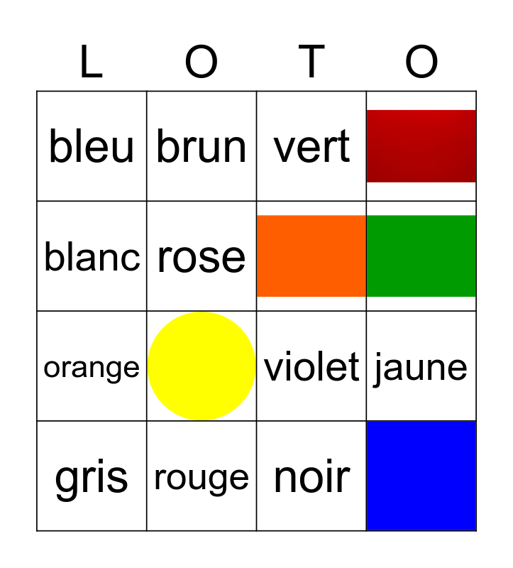 les couleurs Bingo Card