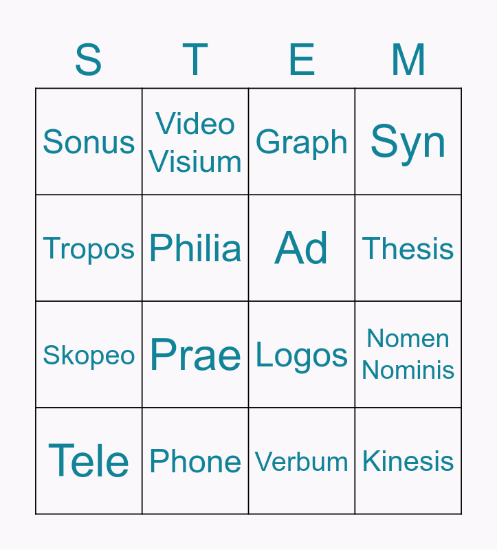 Stem word Bingo Card