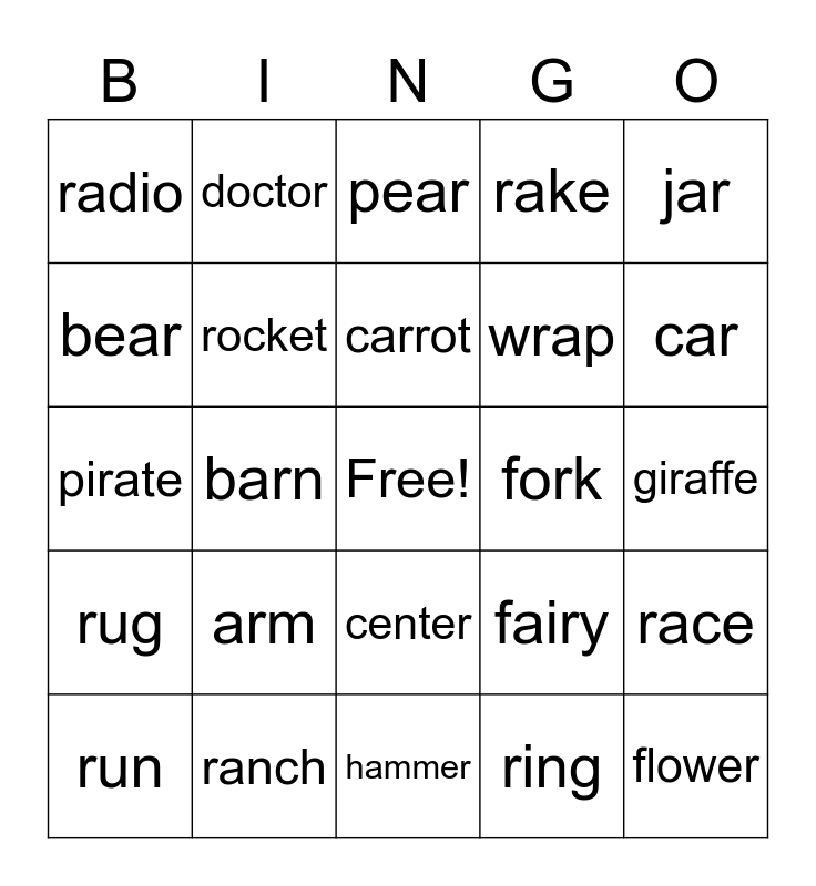 /R/ Articulation Bingo Card