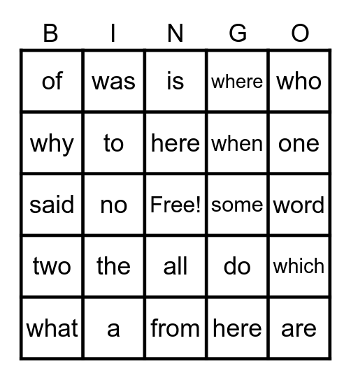 Tricky Word Bingo Card