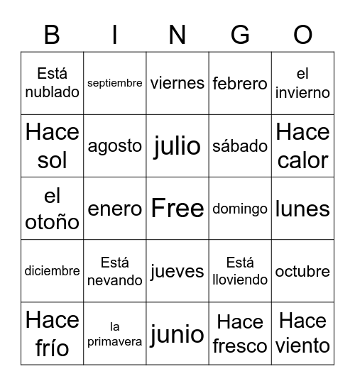 Las estaciones del año, los días de la semana y el tiempo. Bingo Card