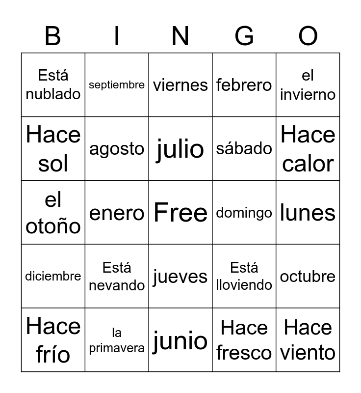 Las estaciones del año, los días de la semana y el tiempo. Bingo Card