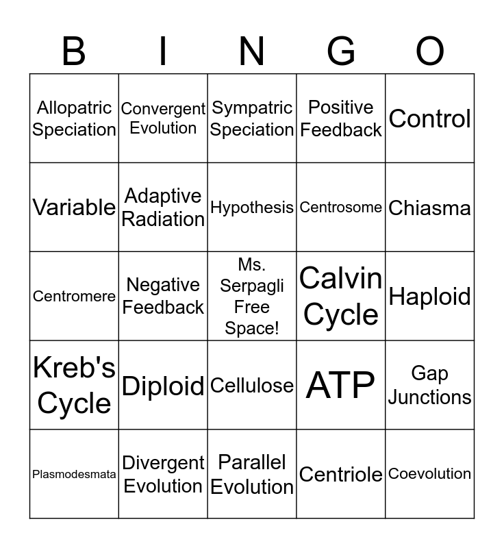AP Biology Bingo 1 Bingo Card