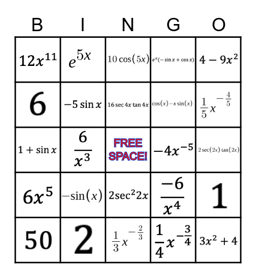 DERIVATIVE BINGO Card