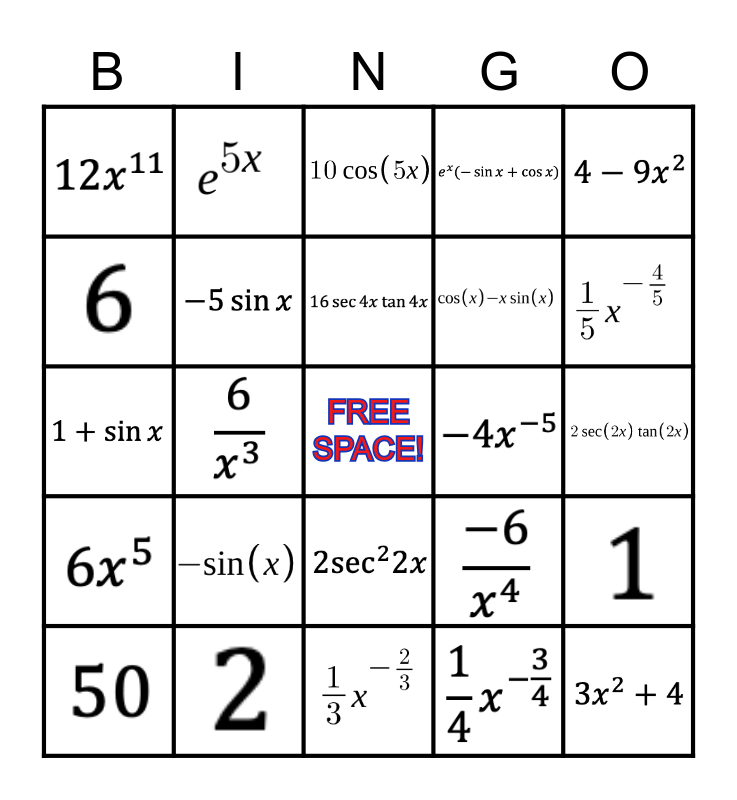 DERIVATIVE BINGO Card
