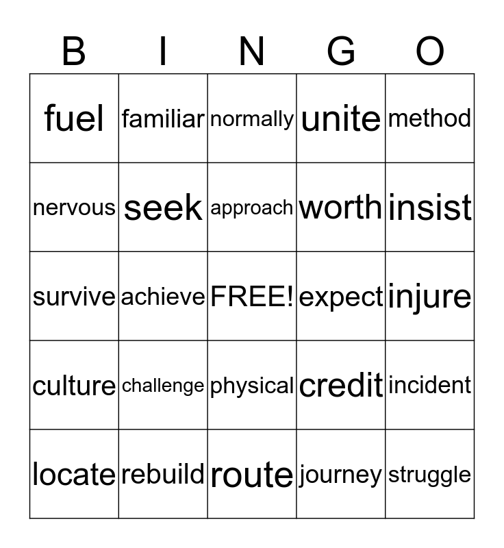Target Vocabulary Words Bingo Card