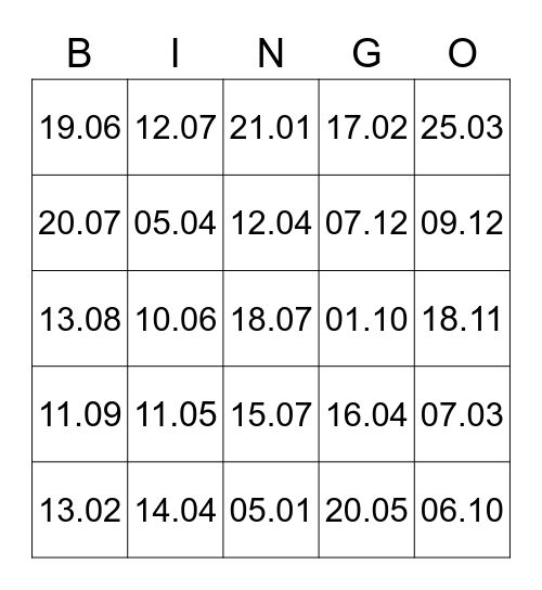 Dates Bingo Card