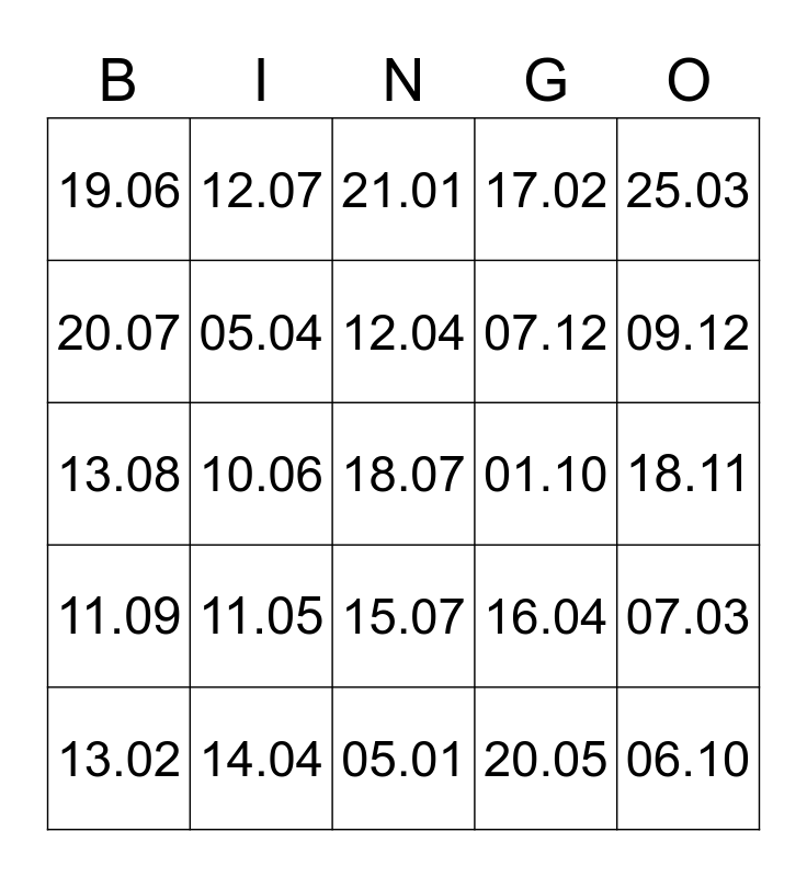 Dates Bingo Card