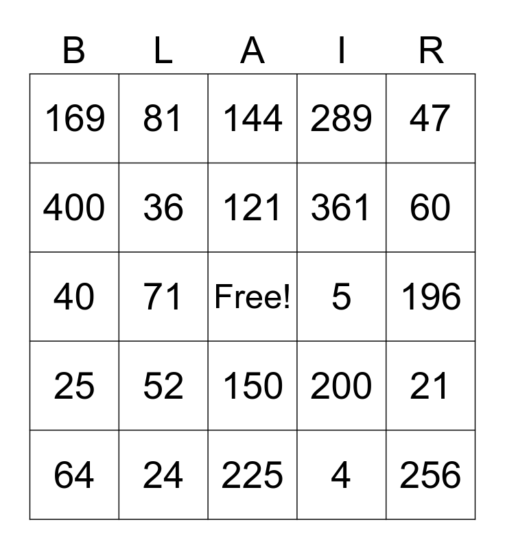 Perfect Squares Bingo Card