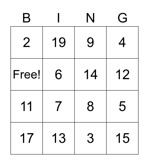 Les nombres de 1 à 20 Bingo Card