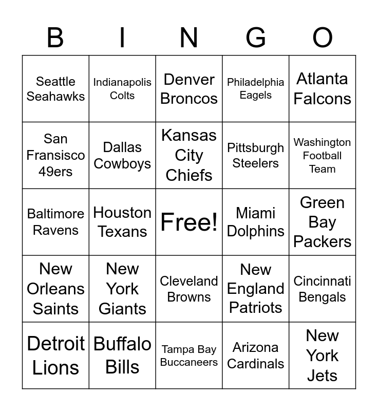NFL BINGO Card