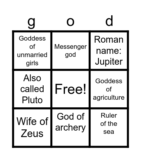 Greek gods Bingo Card