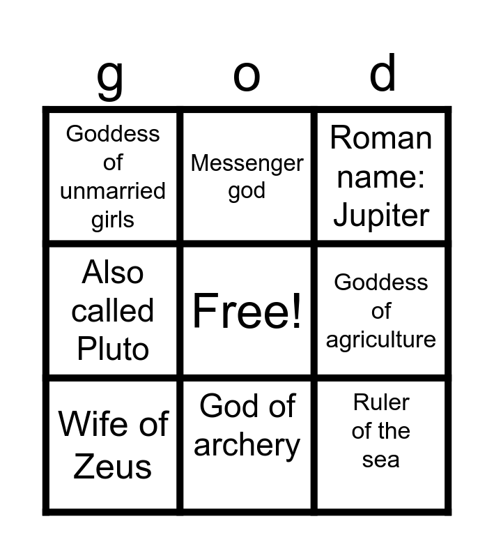 Greek gods Bingo Card