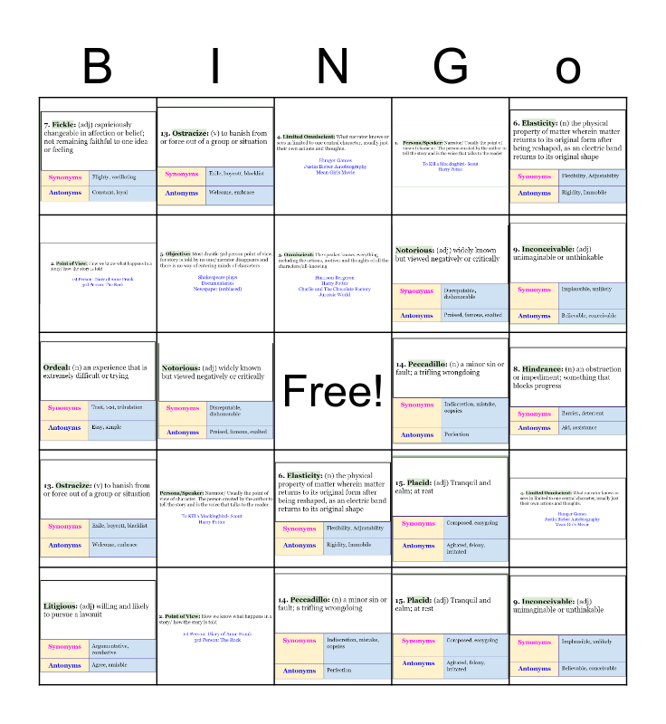 HonHumanities Vocab Bingo Card