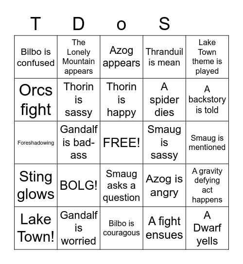 The Hobbit Bingo Card