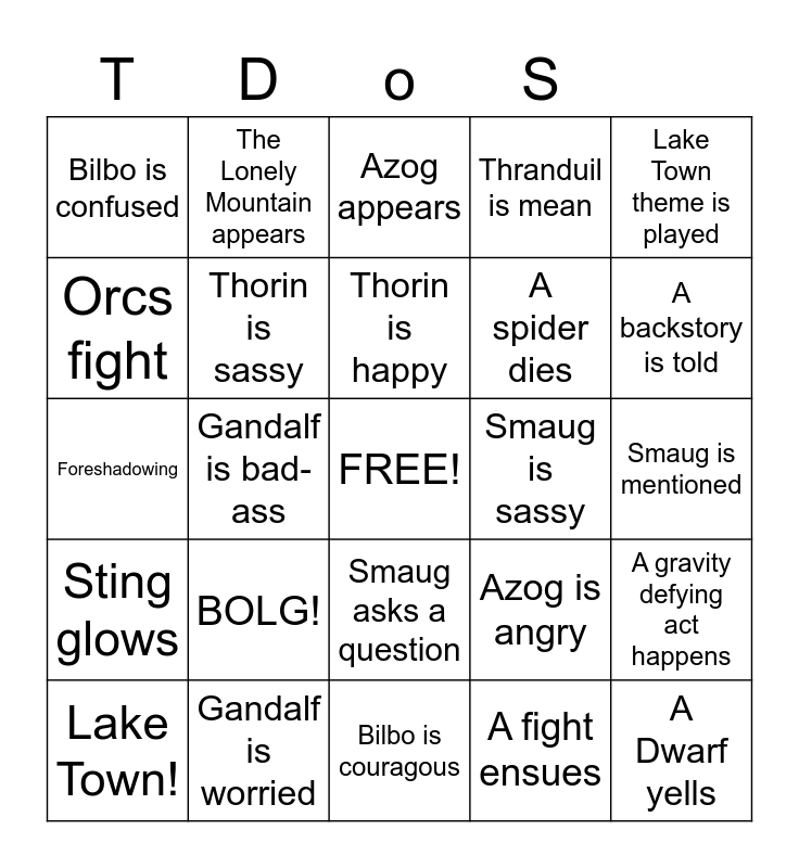 The Hobbit Bingo Card