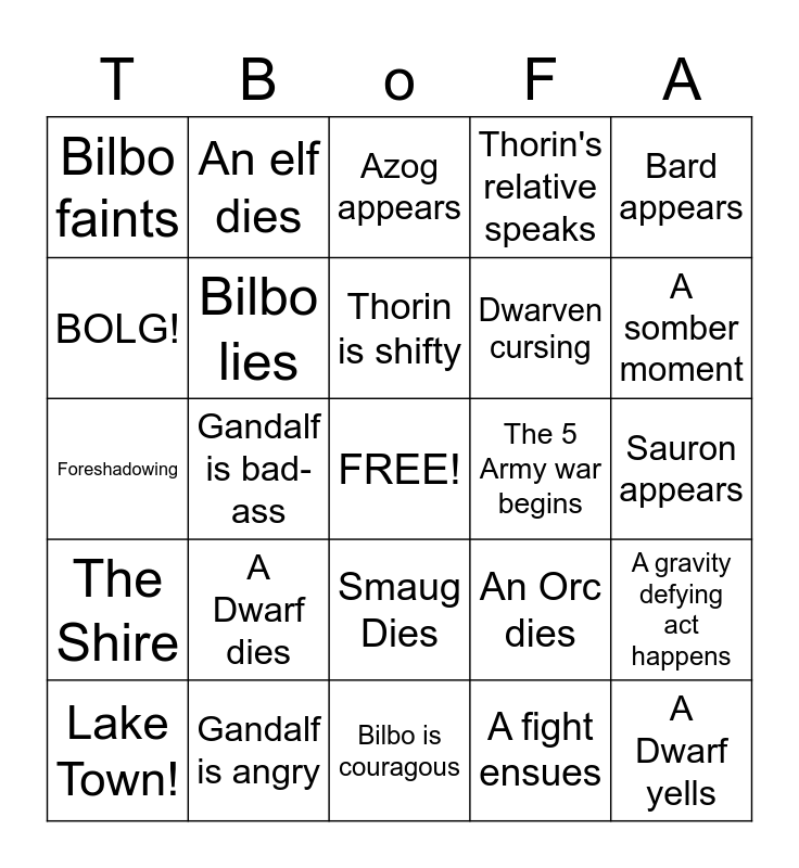 The Hobbit Bingo Card