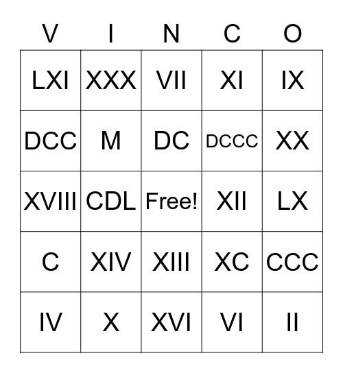 Roman Numerals Bingo Card