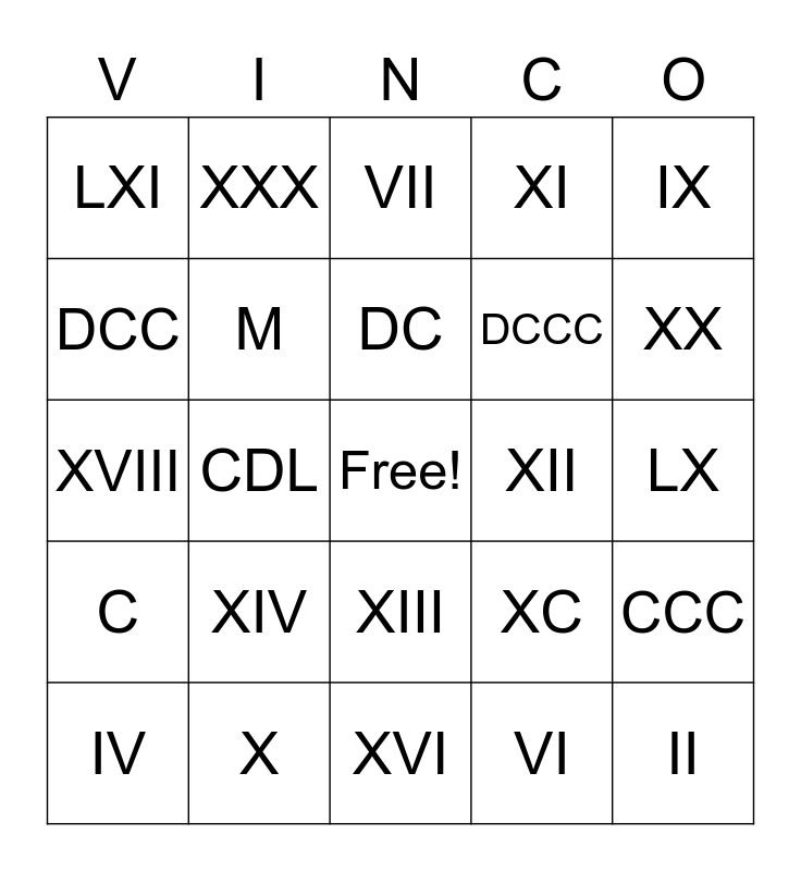 Roman Numerals Bingo Card