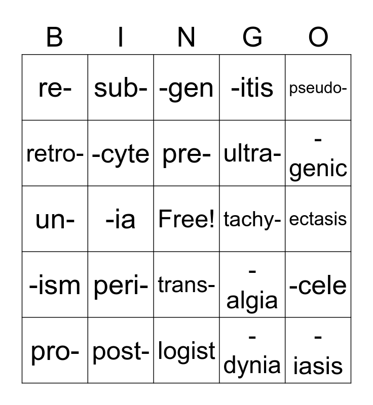 Prefix & Suffix Bingo II Bingo Card