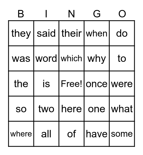 Tricky Word Bingo Card
