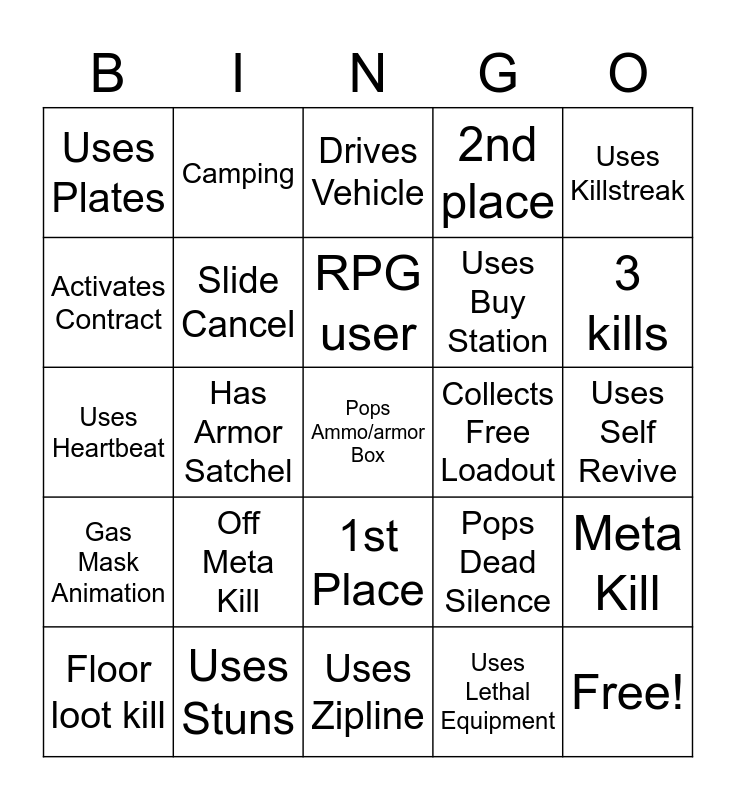 COD Warzone Bingo Card