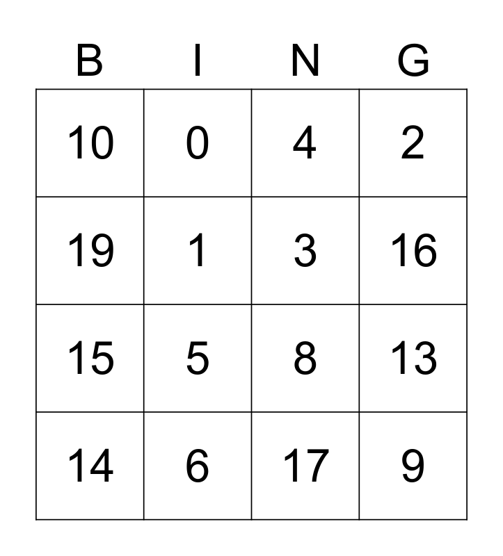Zahlen Bingo Card