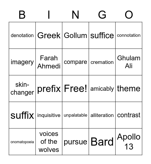 English 7A Unit 1 Review Bingo Card