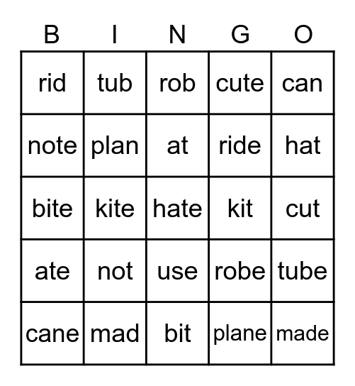 Silent "E" bingo Card