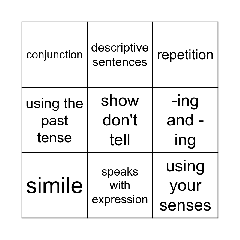 Narrative Writing Bingo Card