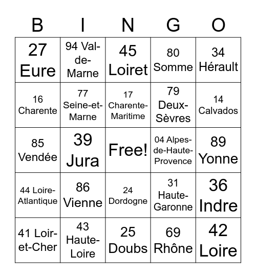 French Department Number Plate Bingo Card French Department Number Plate Bingo Card