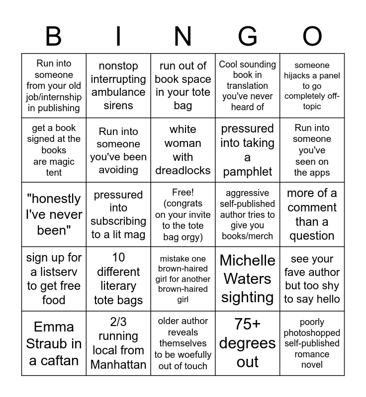BK Book Festival Bingo Card
