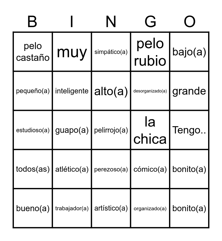 Vocabulary BINGO U1L2 Bingo Card
